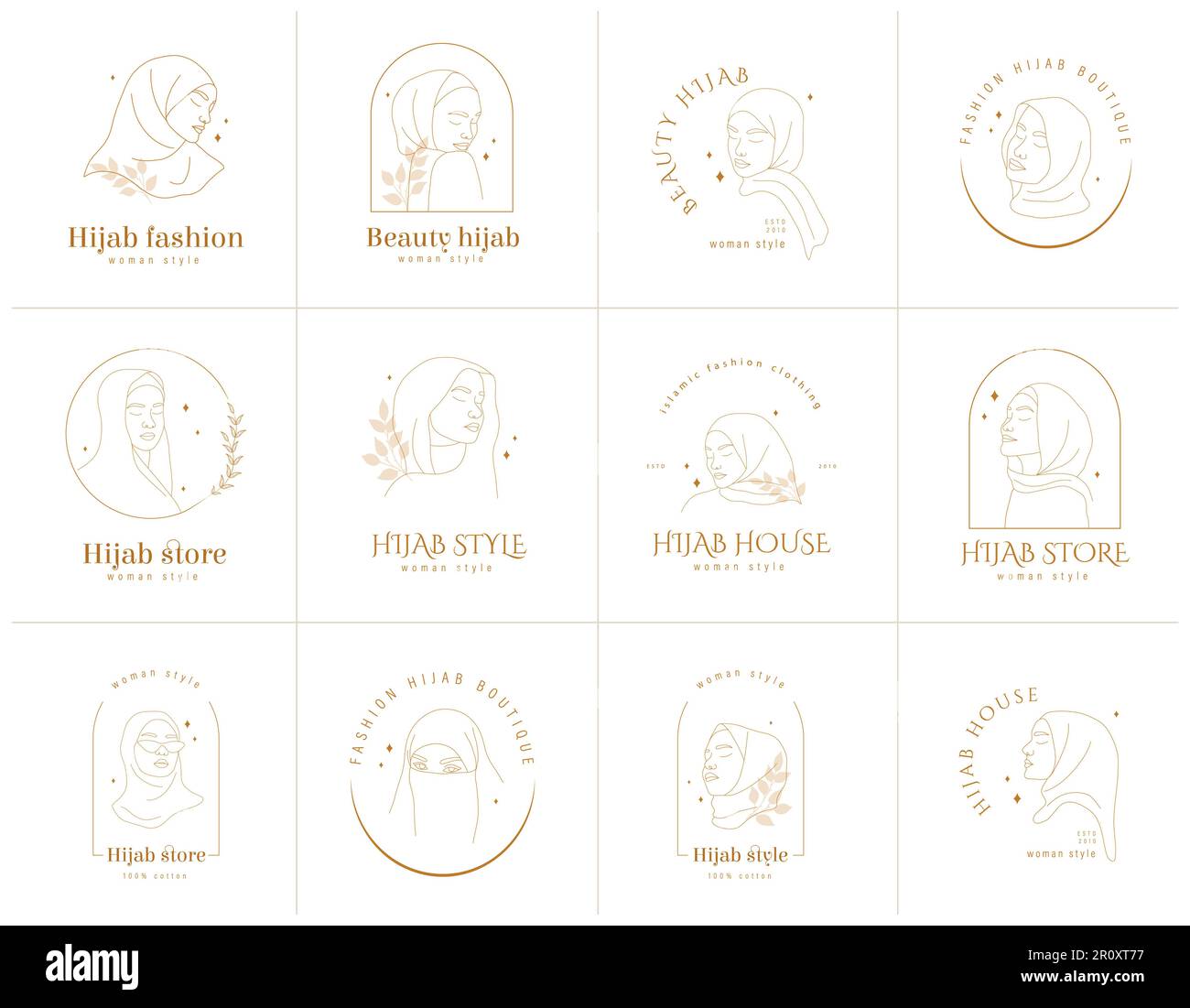 Set of Hijab store logos. Linear female portraits with closed eyes ...