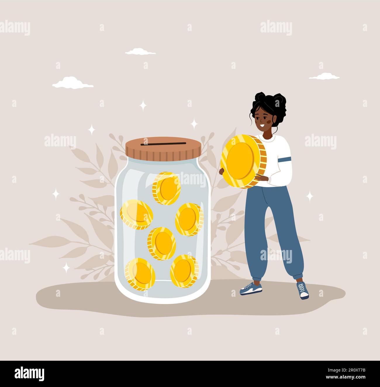 Donation money concept. Cute african woman with glass jar full of gold ...