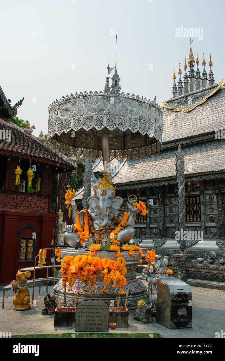 Silver Ganesha with offerings outside Wat Sri Suphan, know as Silver ...