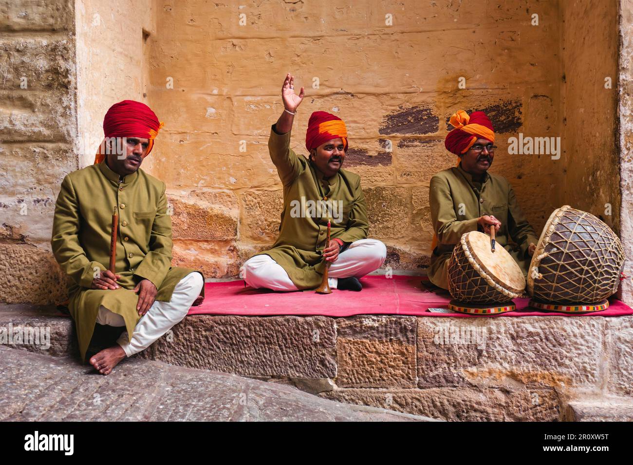 Musicians playing and singing traditional Rajasthani songs and music in ...