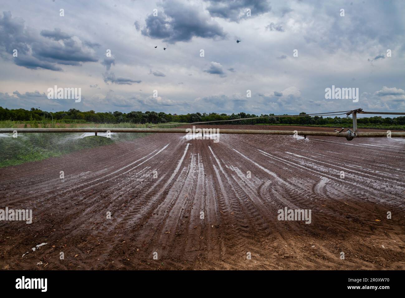 Irrigation of agricultural fields by modern sprayer system Stock Photo ...