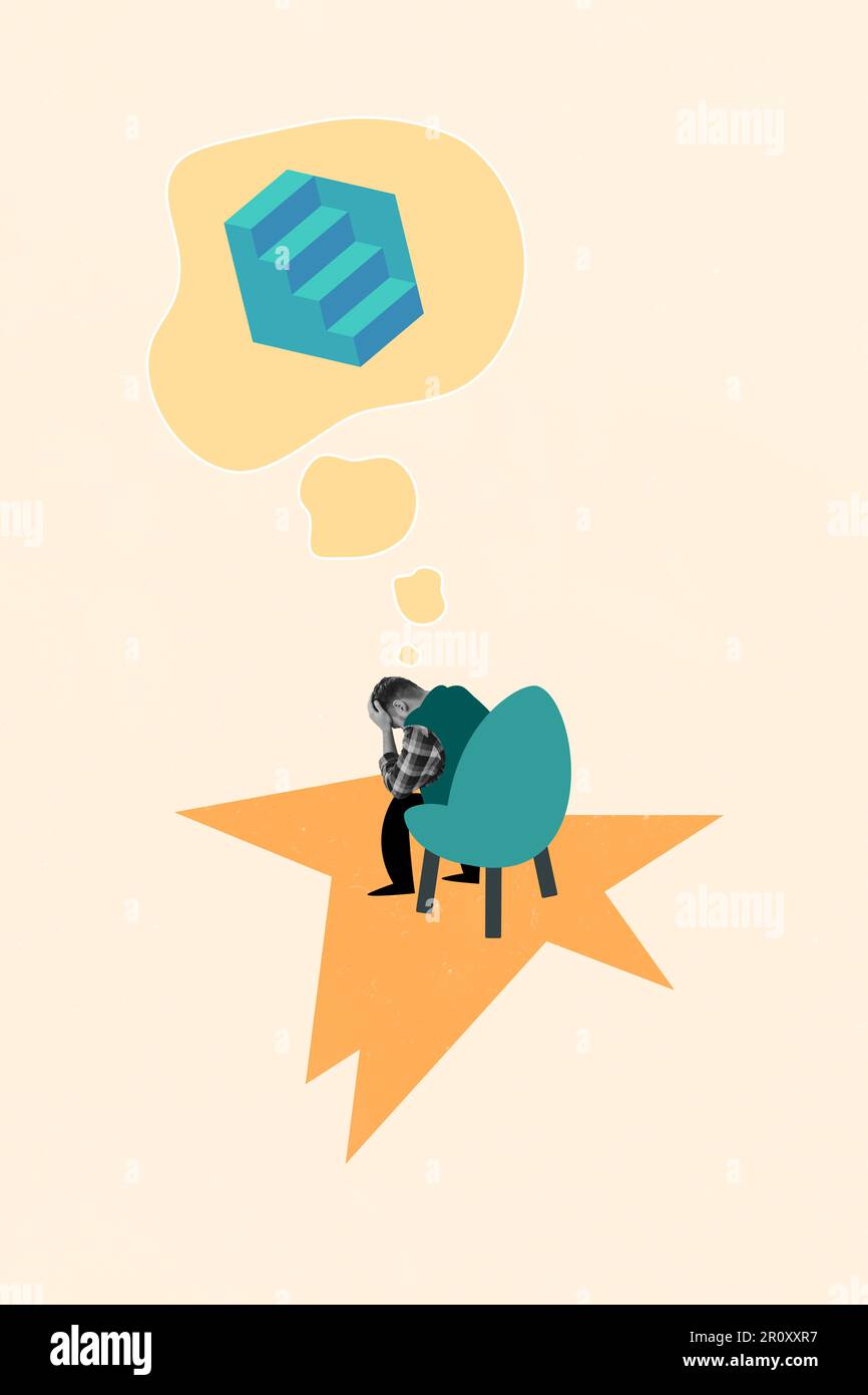 Vertical painted collage of young stressed man thinking about his self ...