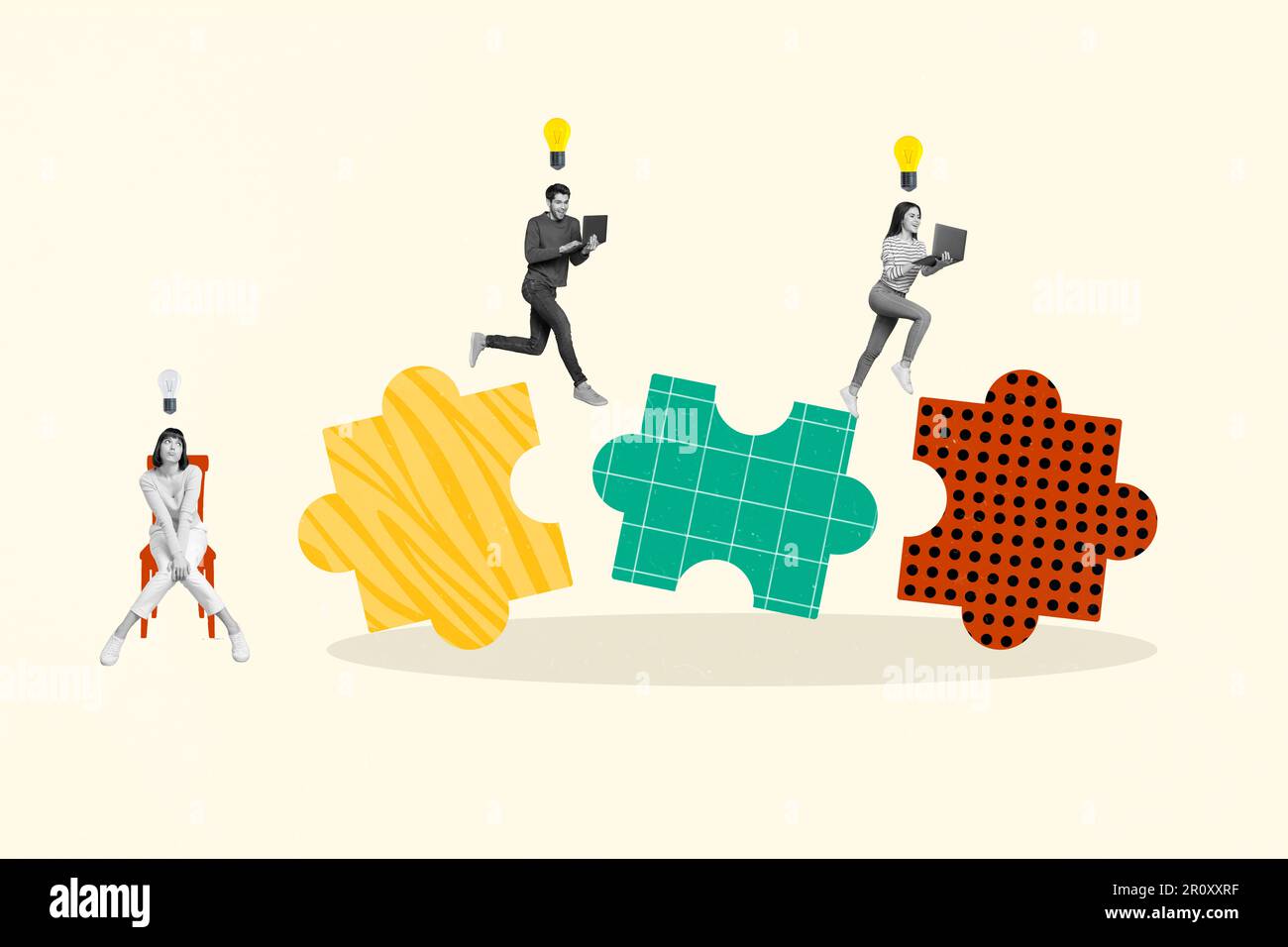 Collage picture illustration of teamwork puzzles brainstorming together ...