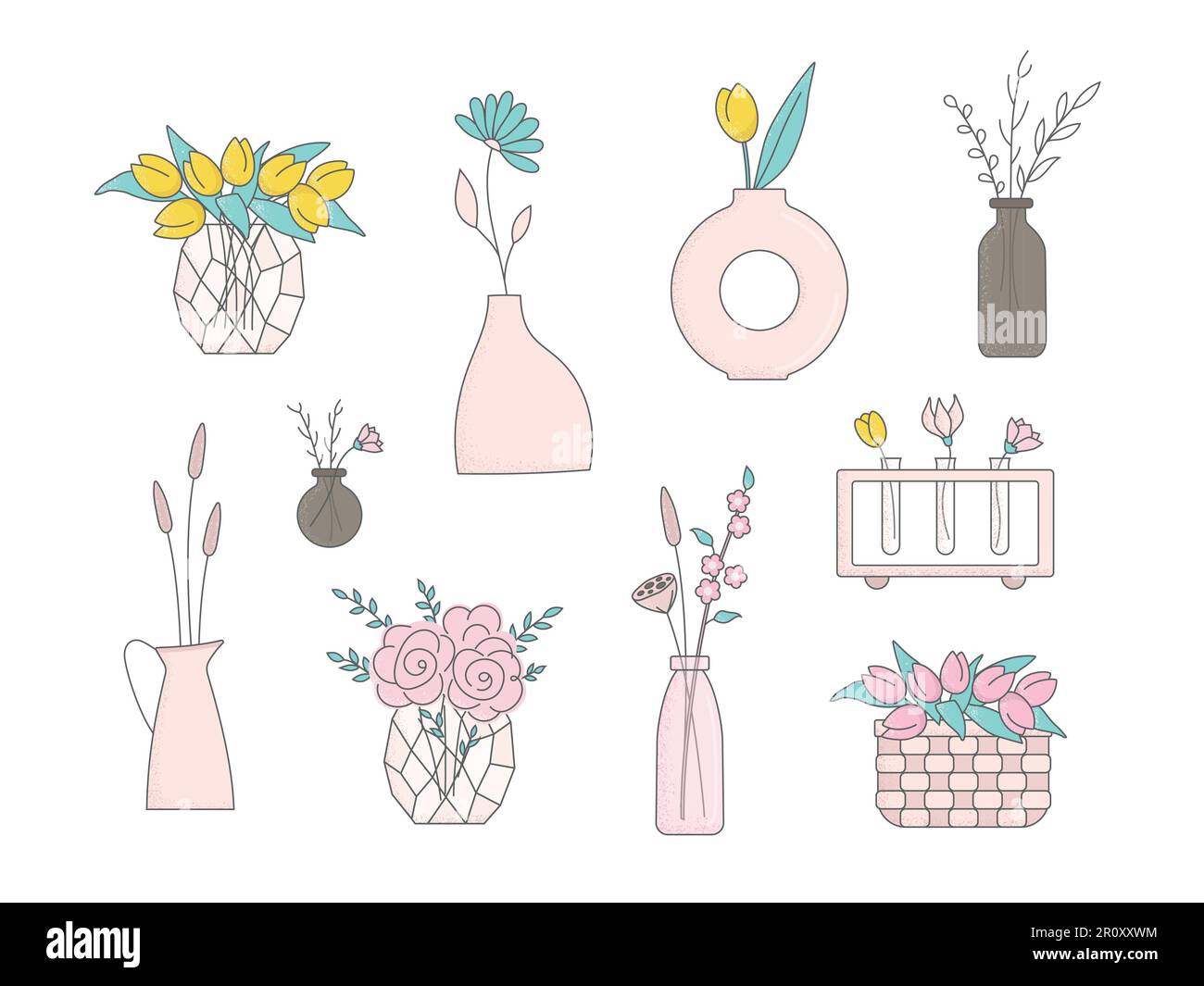 Cartoon abstract flowers bouquets in vases. Simple minimalist floral ...