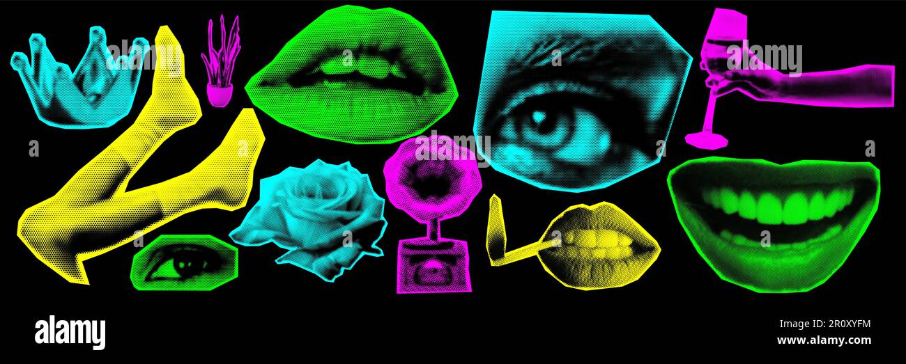 Halftone collage design elements in trendy magazine style. Crown, legs ...