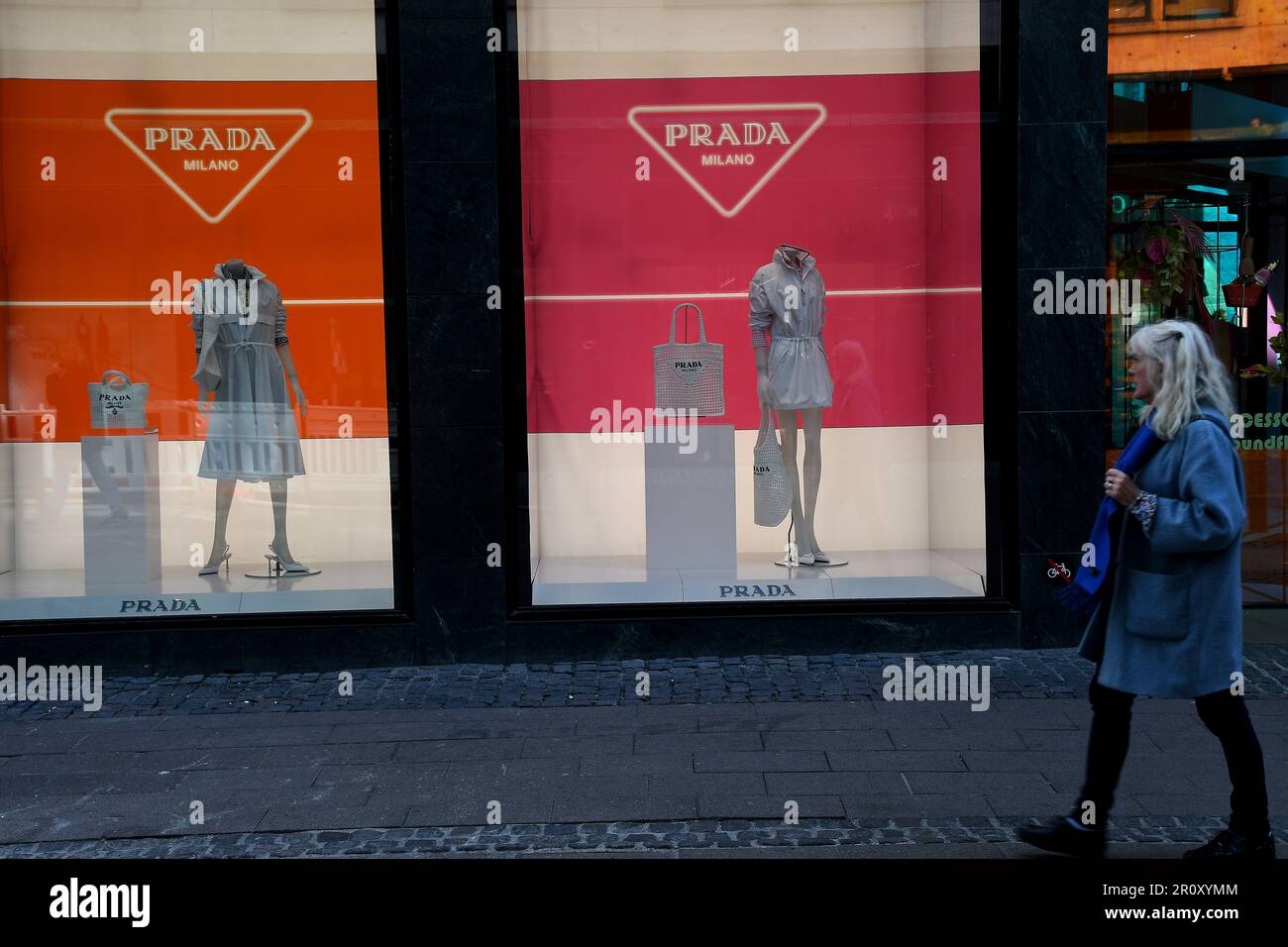 Copenhagen /Denmark/10 May 2023/ Prada store with window shocase ...