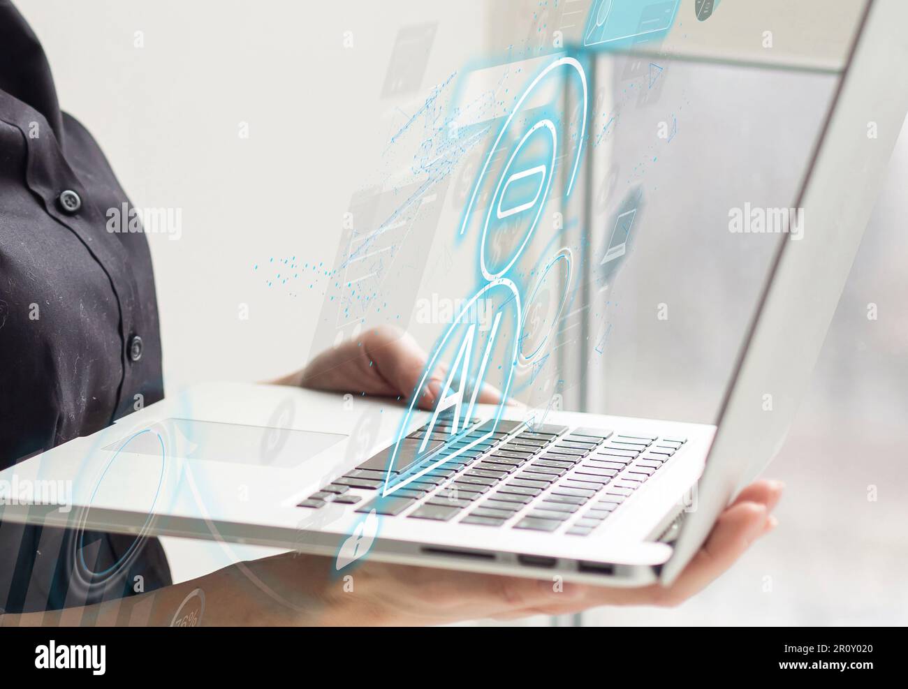 ChatGPT Chat with AI. Woman chatting with AI Chatbot via laptop ...