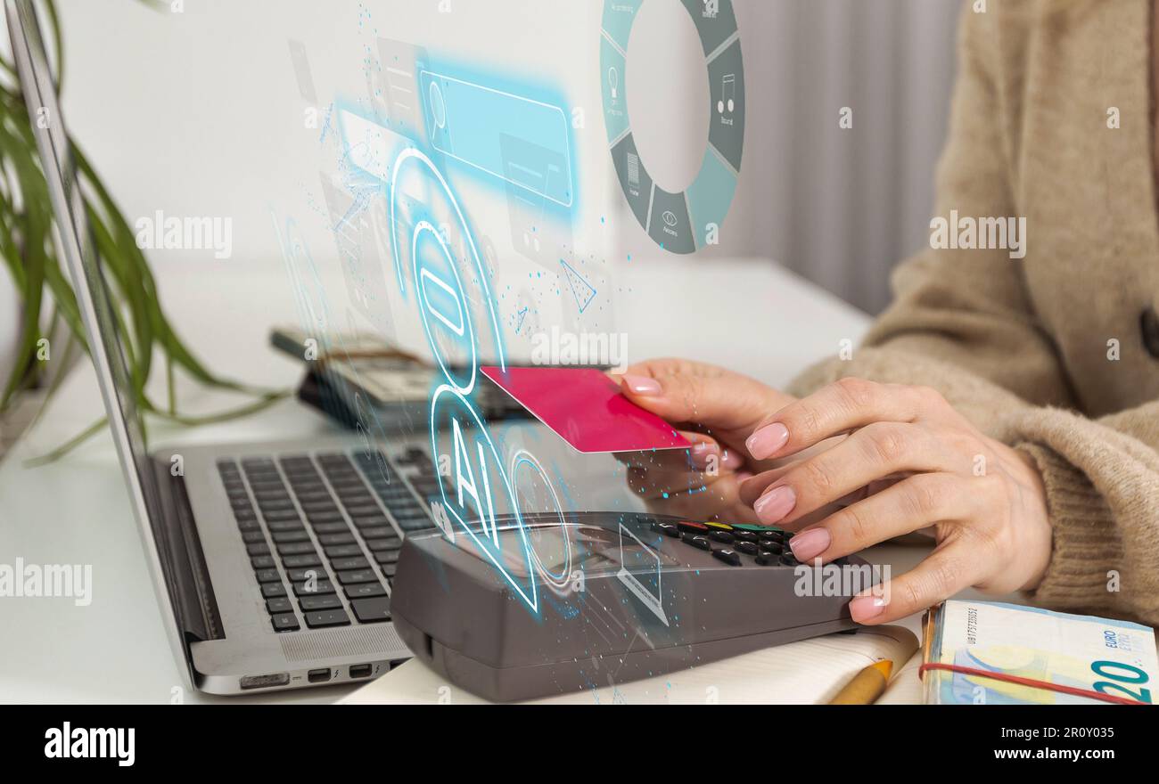 Woman using chatbot in computer and tablet smart intelligence Ai. Chat ...