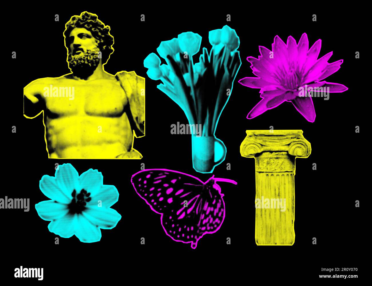 Halftone collage design elements in trendy magazine style. Statue, rose ...