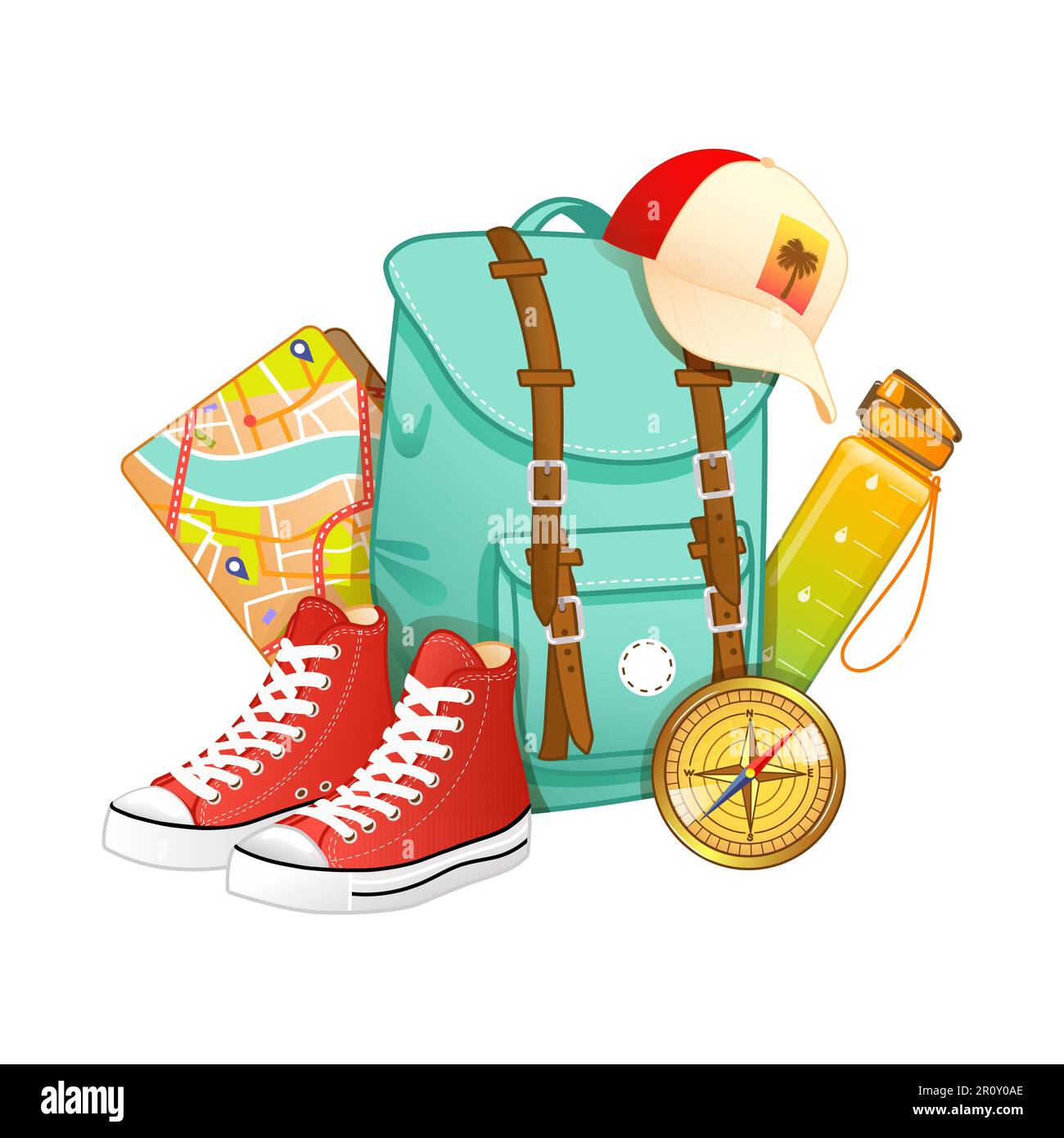 Vector illustration of travel and tourism accessories. Backpack, bottle ...