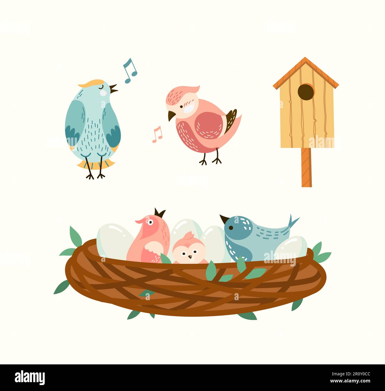 Birds illustrations set. Vector singing birds in the nest with eggs and ...