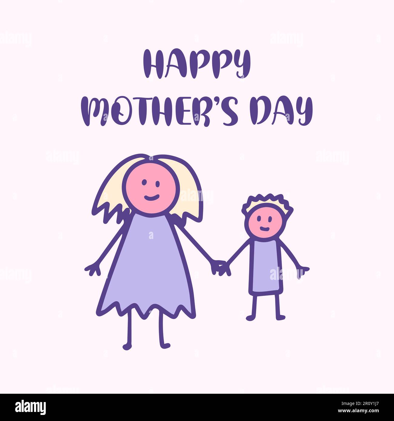 Happy Mothers Day greeting cards, Child Holding Mothers hand kids doodle drawing. A son with a ...