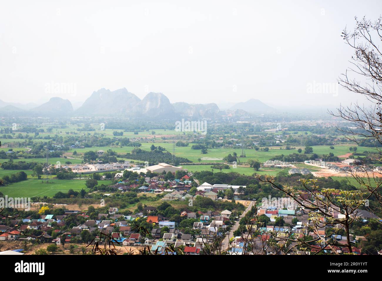 Aerial view landscape cityscape of Ratchaburi city and limestone ...
