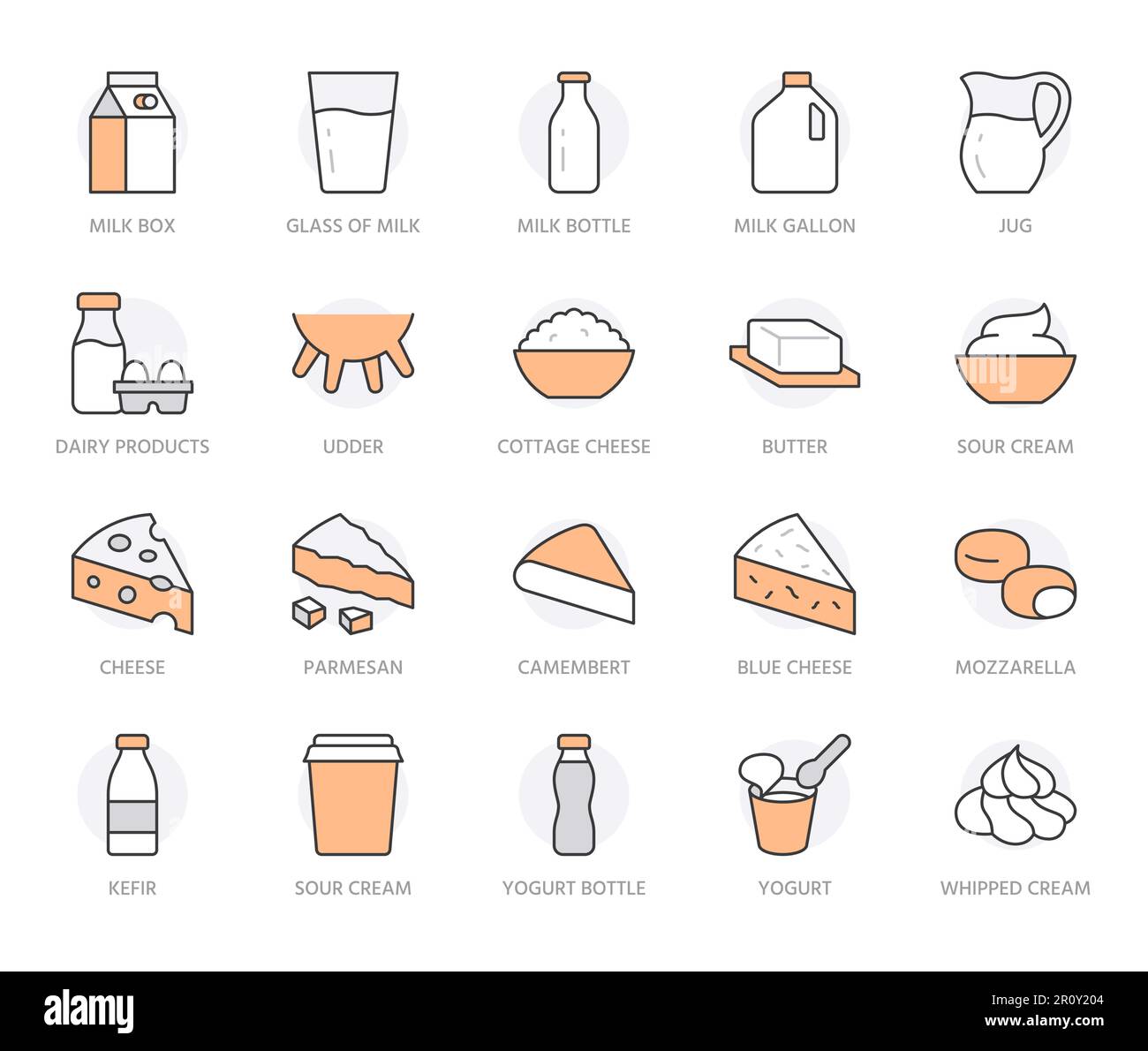 Dairy products line icon set. Jug, kefir, eggs, cow udder, cottage ...