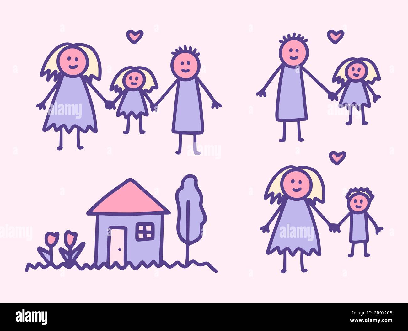 Set of kids doodle with different family drawings. Mom, dad and ...