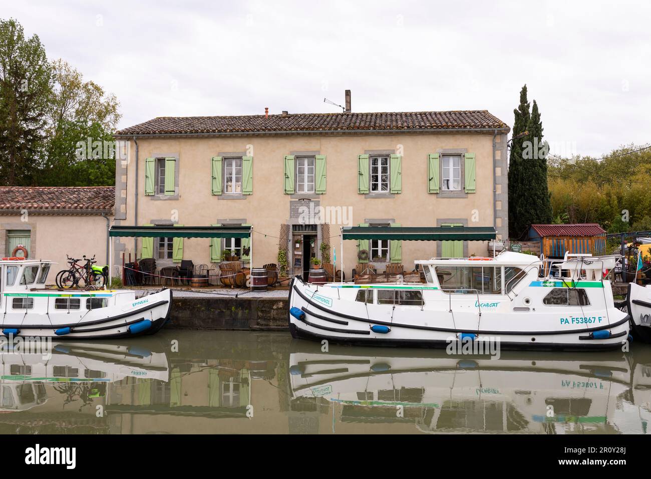 Rent boats in the harbor of Bram, Canal du Midi, France Stock Photo - Alamy