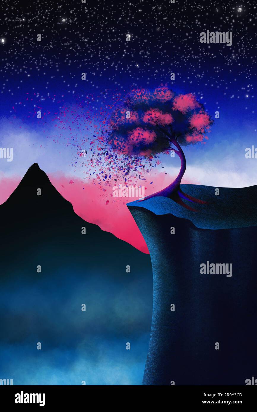 Pink sunset sky over cliff edge with tree Stock Photo - Alamy