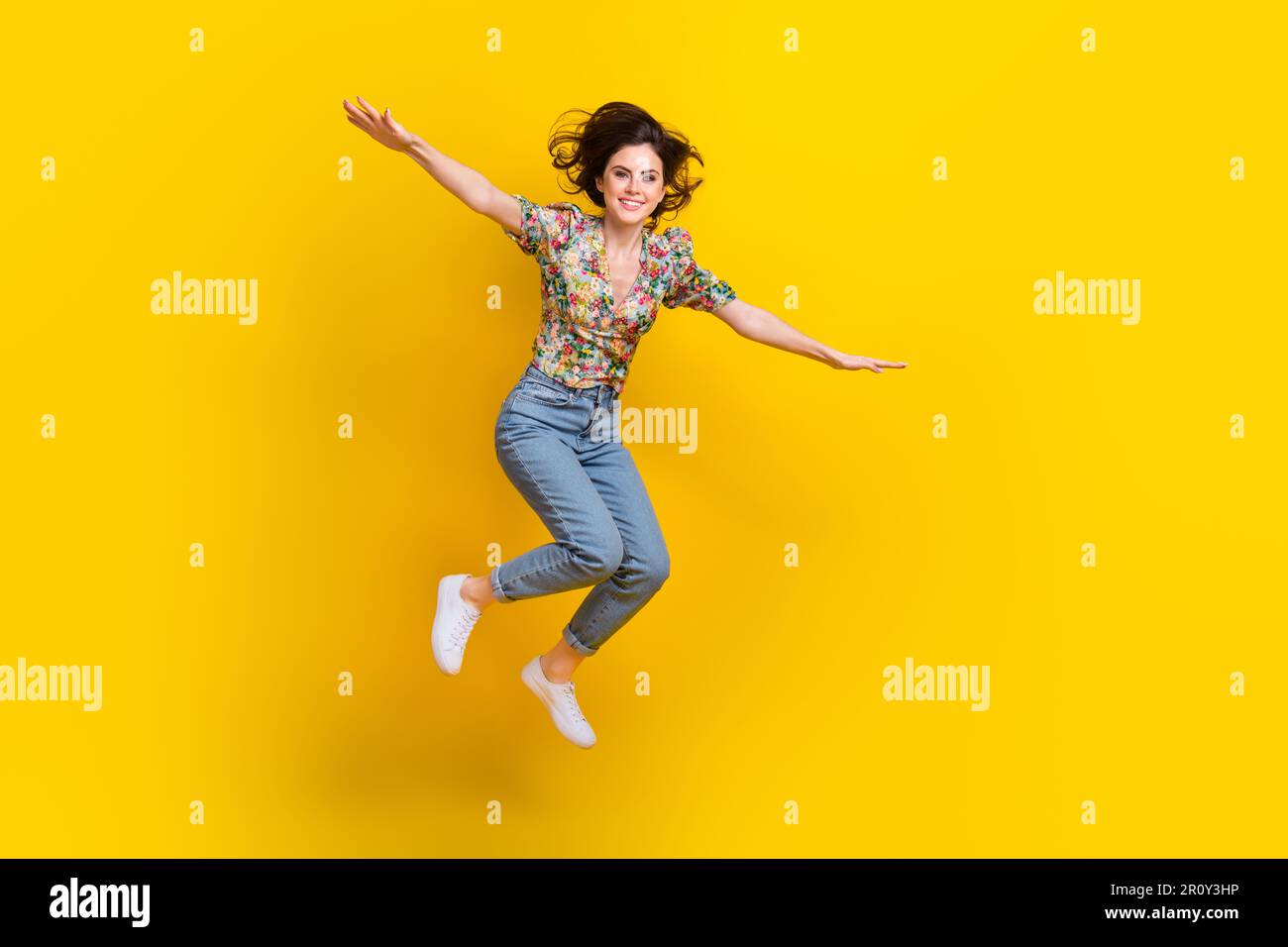 Full body size photo of attractive young woman flying hands wings crazy ...