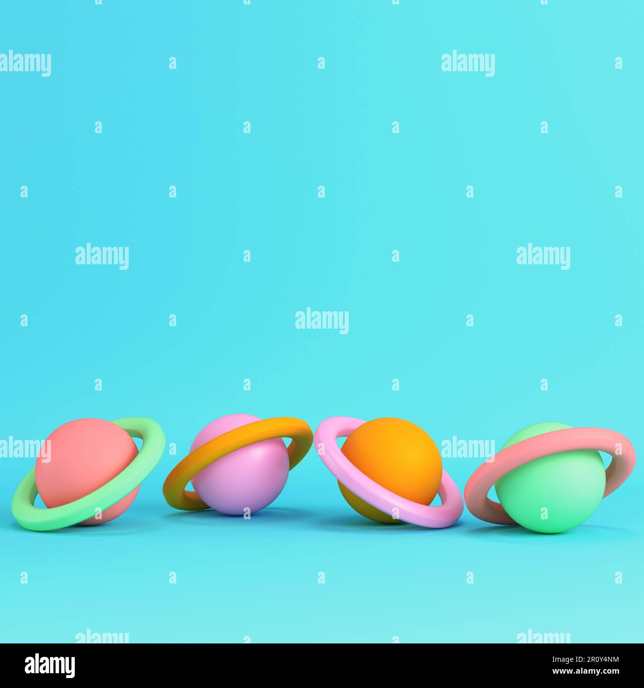 Colorful cartoon style planets with rings on bright blue background in ...