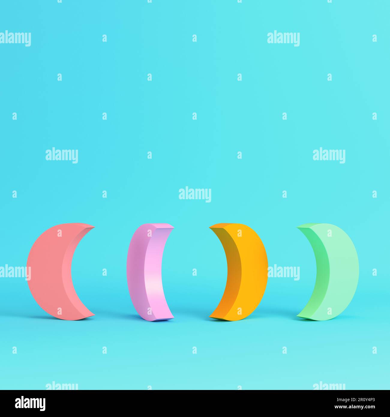 Colorful cartoon style moons on bright blue background in pastel colors ...