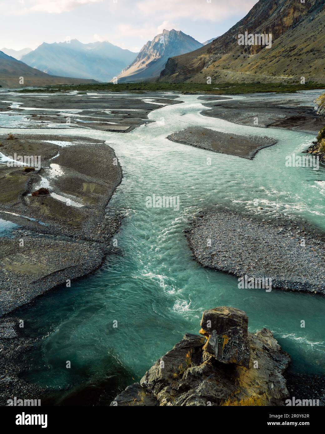 View along the Spiti river during the dry season flanked by Himalayas ...
