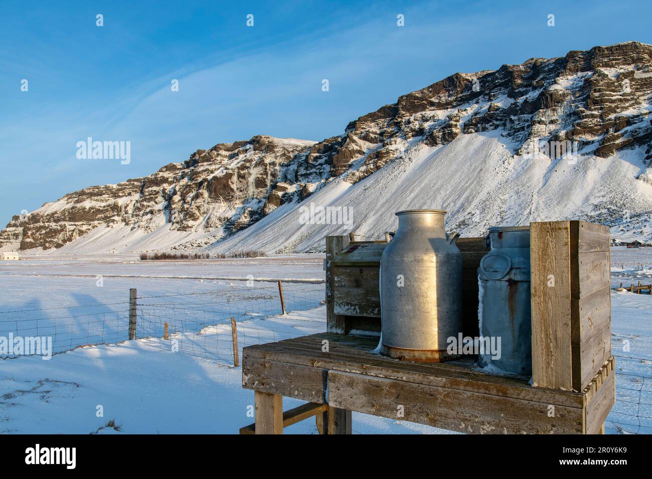 Close up view of a milk churn stand along the road in Iceland with on ...