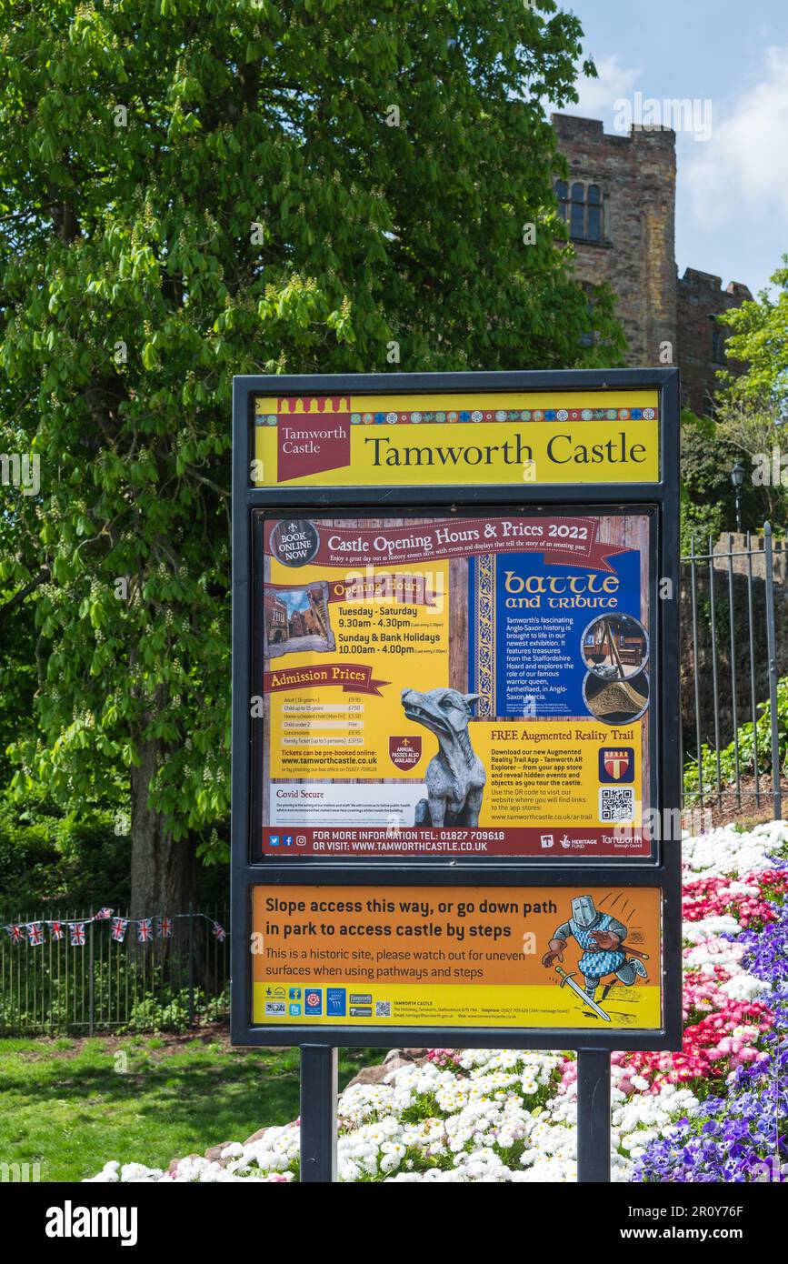 Sign at entrance to Tamworth Castle which dates back 900 years to Anglo ...