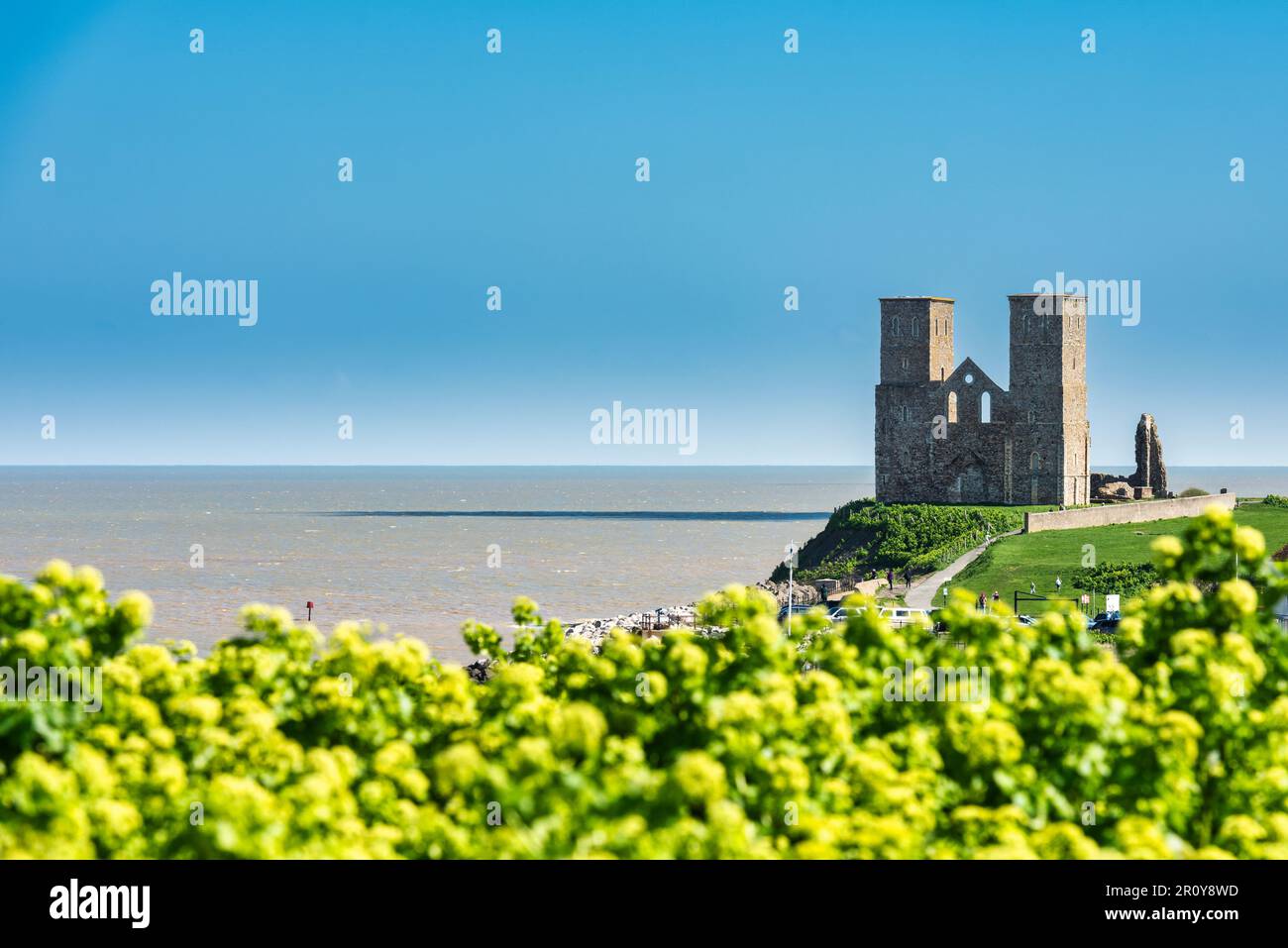 Reculver Towers in Kent, England viewed from the coastal path between ...