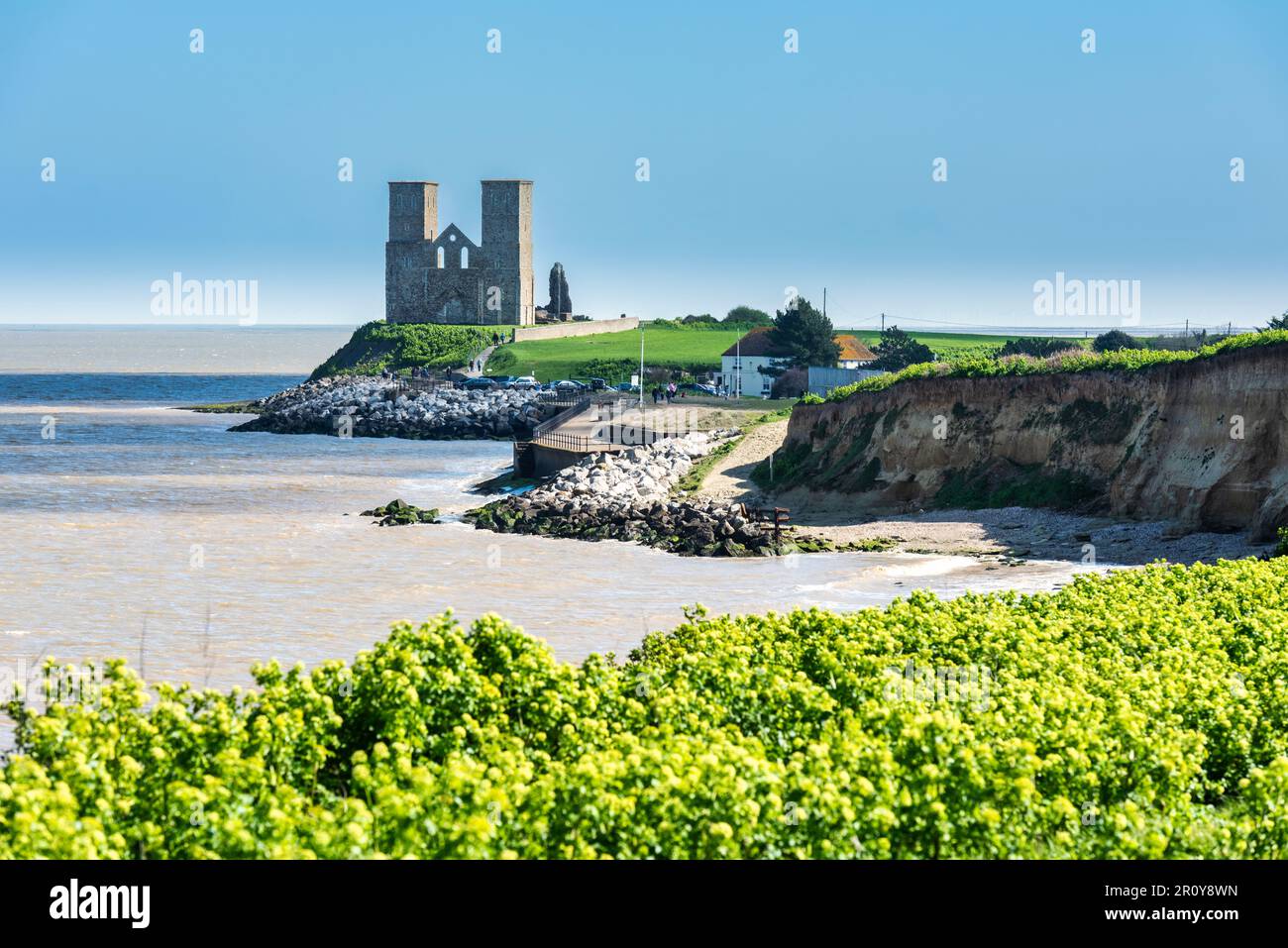 Reculver Towers in Kent, England viewed from the coastal path between ...