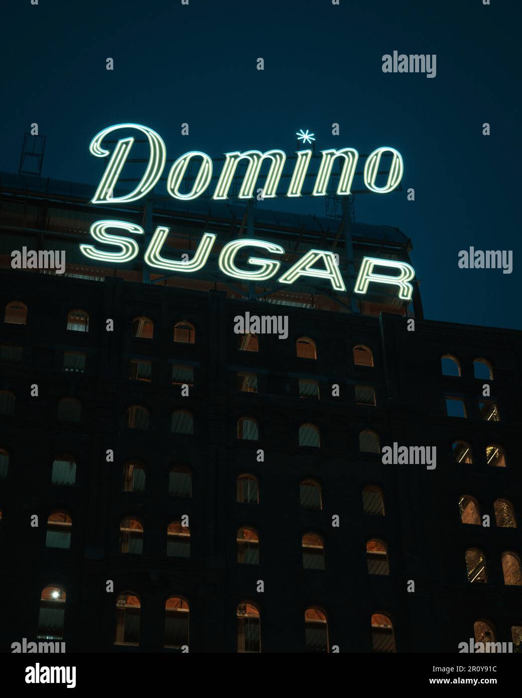 Domino Sugar neon sign at night, at Domino Park, Brooklyn, New York ...