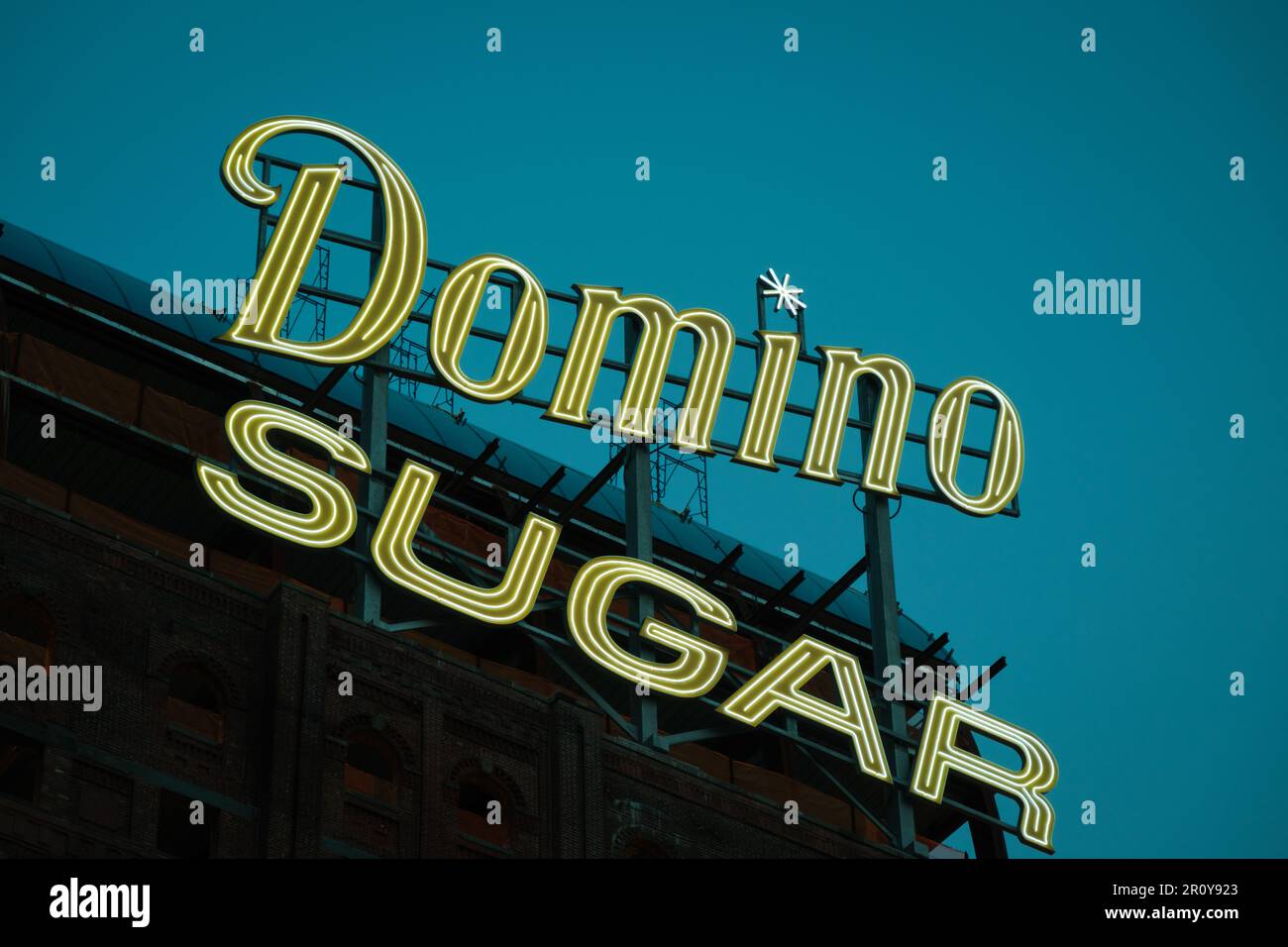 Domino Sugar neon sign at night, at Domino Park, Brooklyn, New York ...