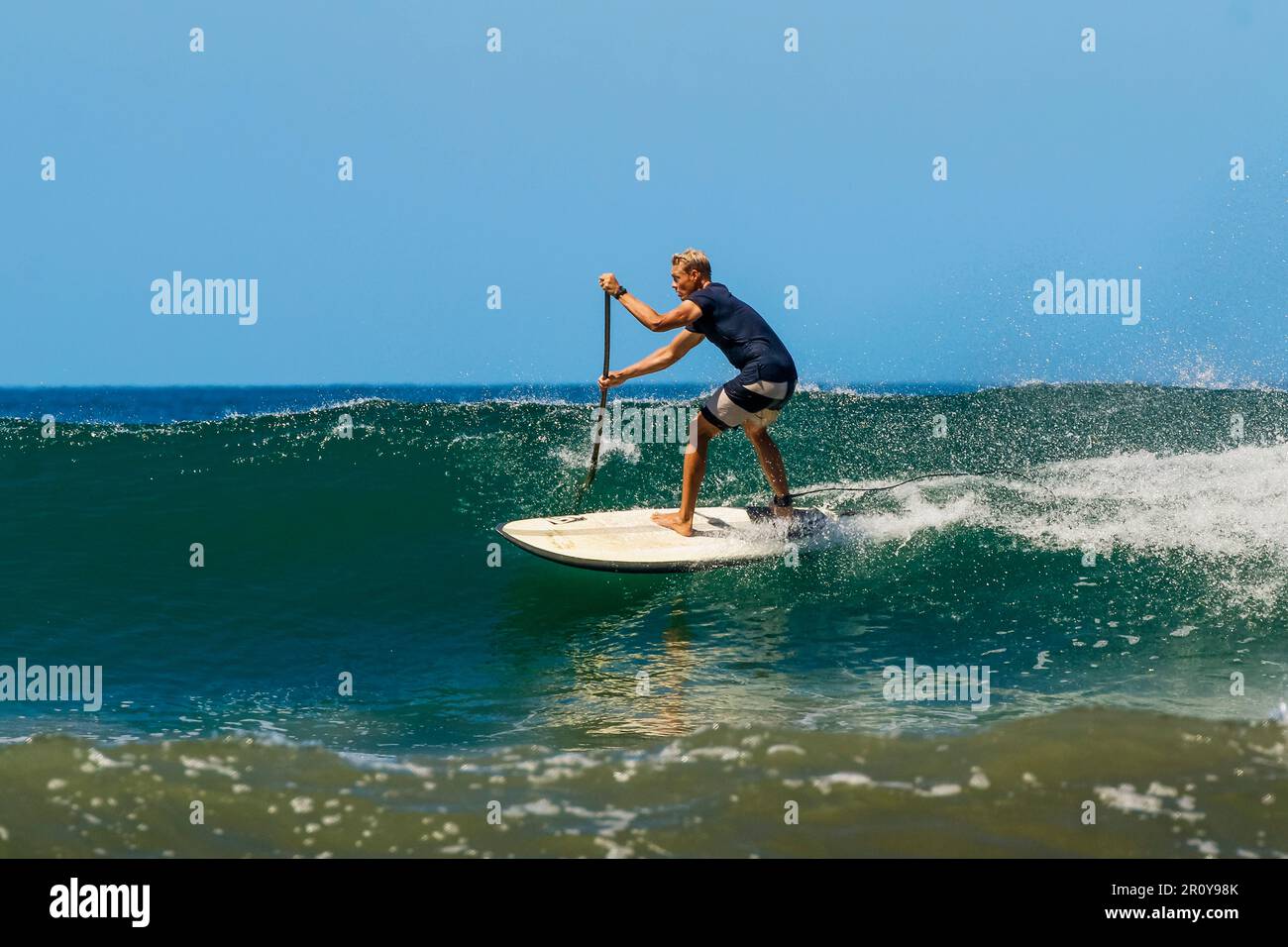 Stand up paddleboarder surfing on the face of a wave at this popular ...