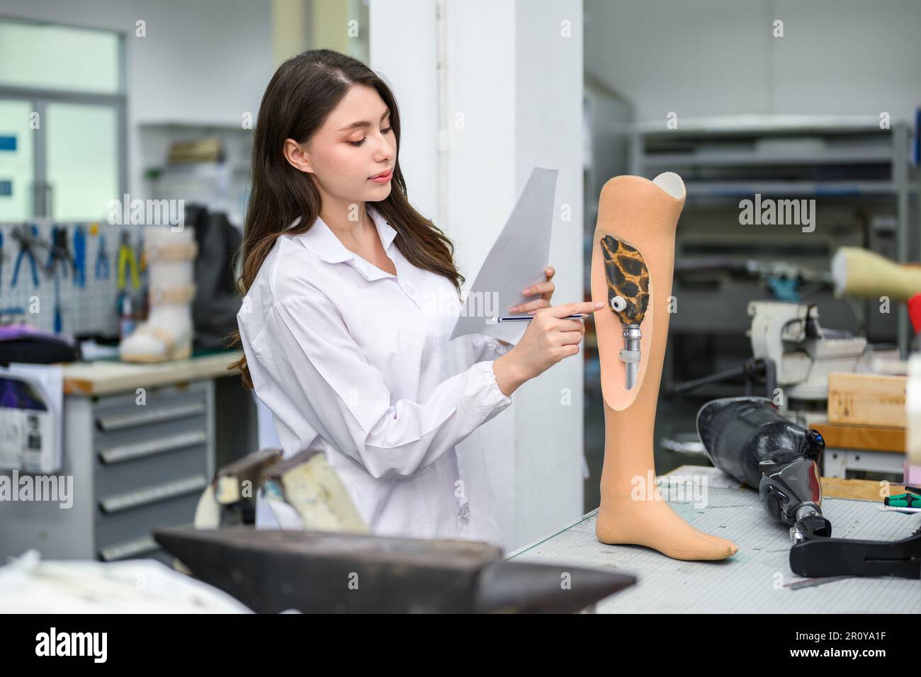 Female technician assembling and fixing parts of modern prosthetic leg ...