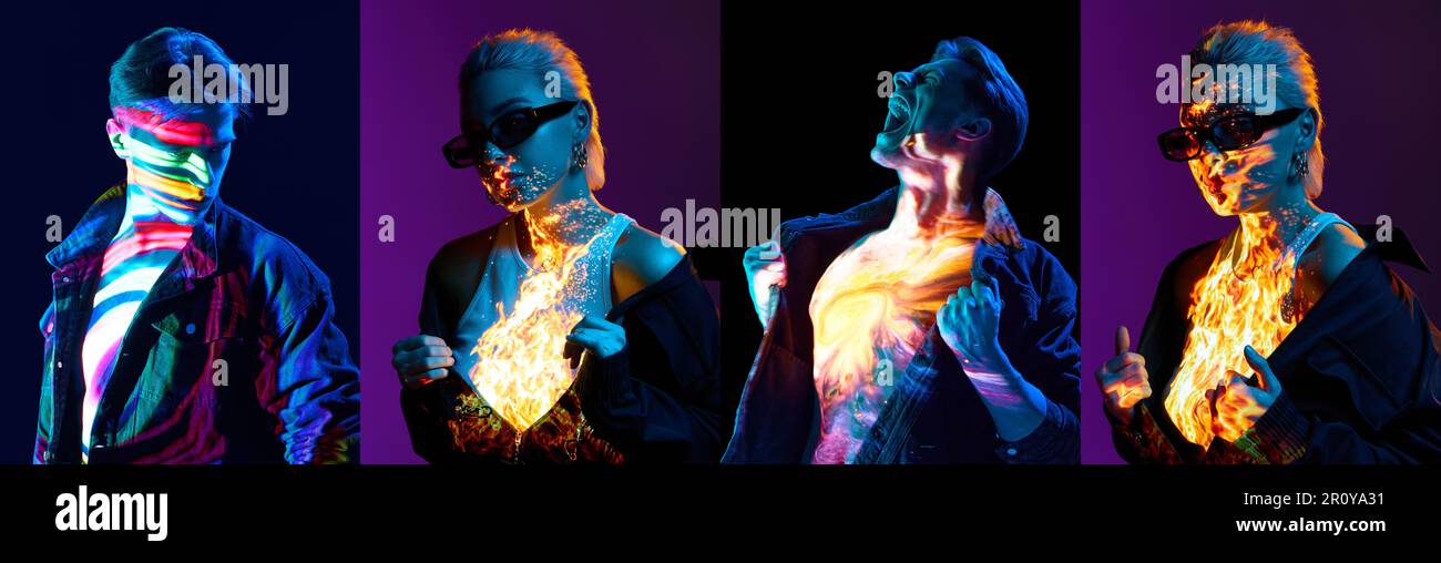 Collage. Cyberspace. Handsome young guy and beautiful girl with neon ...