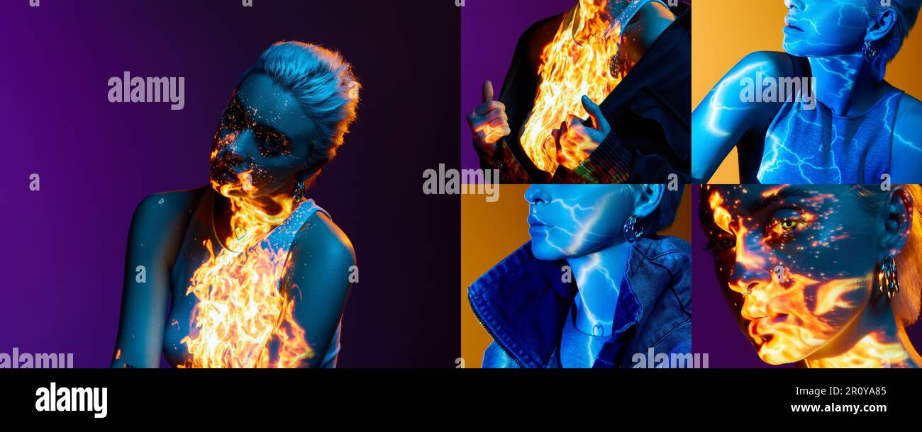 Collage. Surrealism. Young girl with digital burning fire and lightning ...