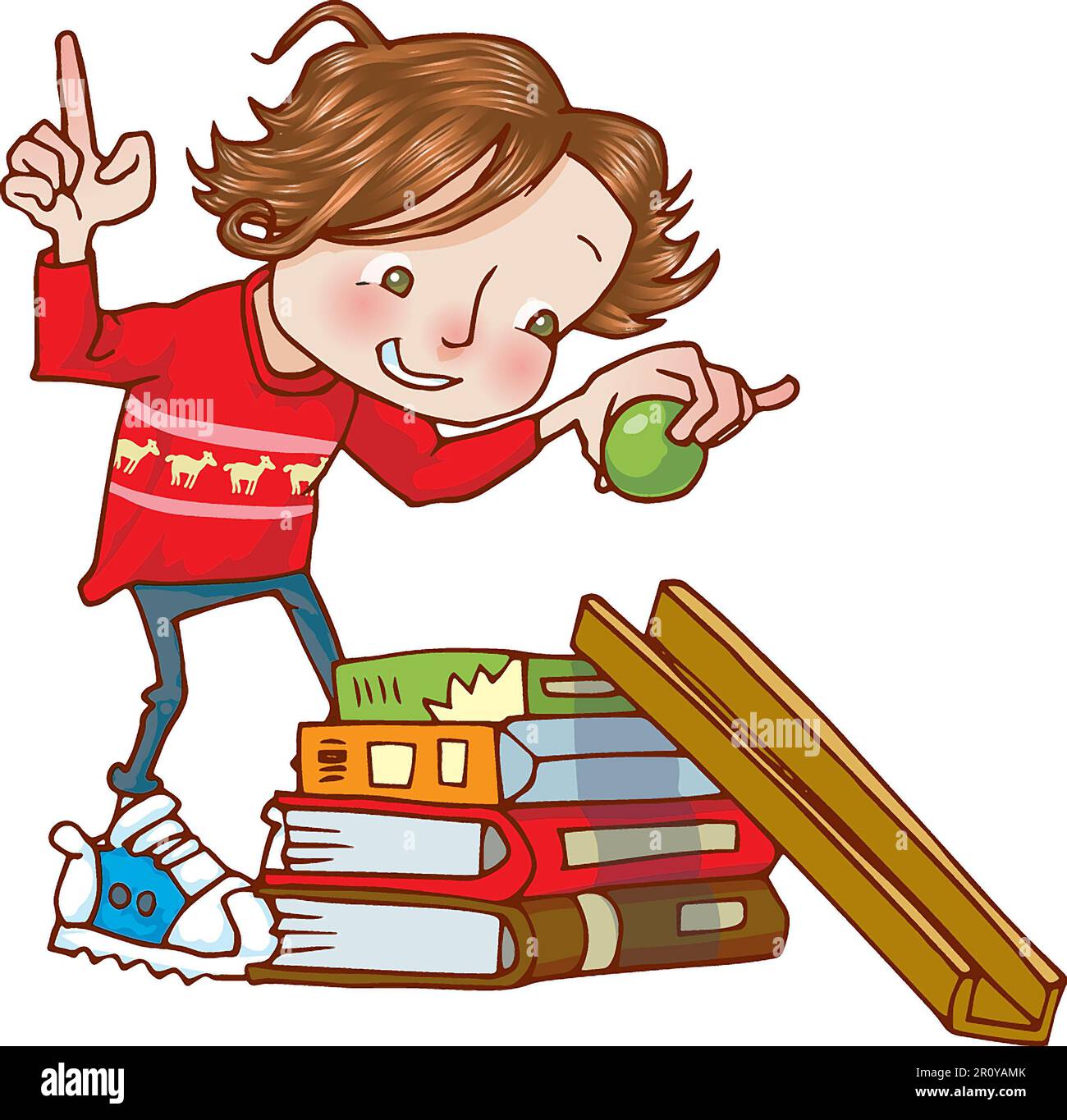 Young white boy, rolling an apple down a slope in an experiment to show ...