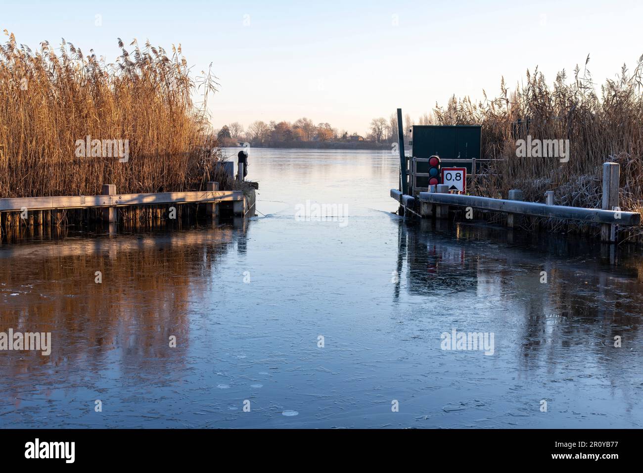 View of the frozen water of the Reeuwijkse Plassen in Reeuwijk, the ...