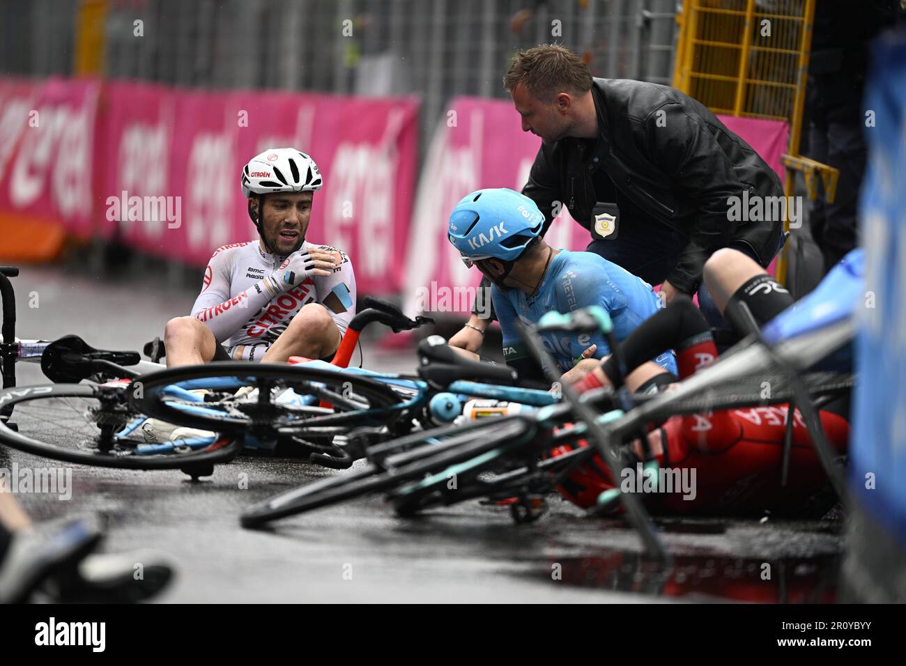 Salerno, Italy. 10th May, 2023. An AG2R rider checks his shoulder after ...