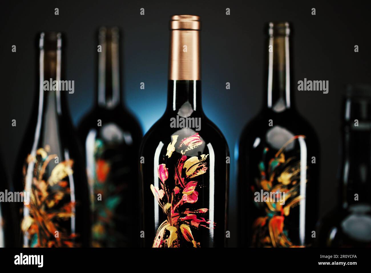 This high-resolution image depicts bottles of wine displayed in full ...