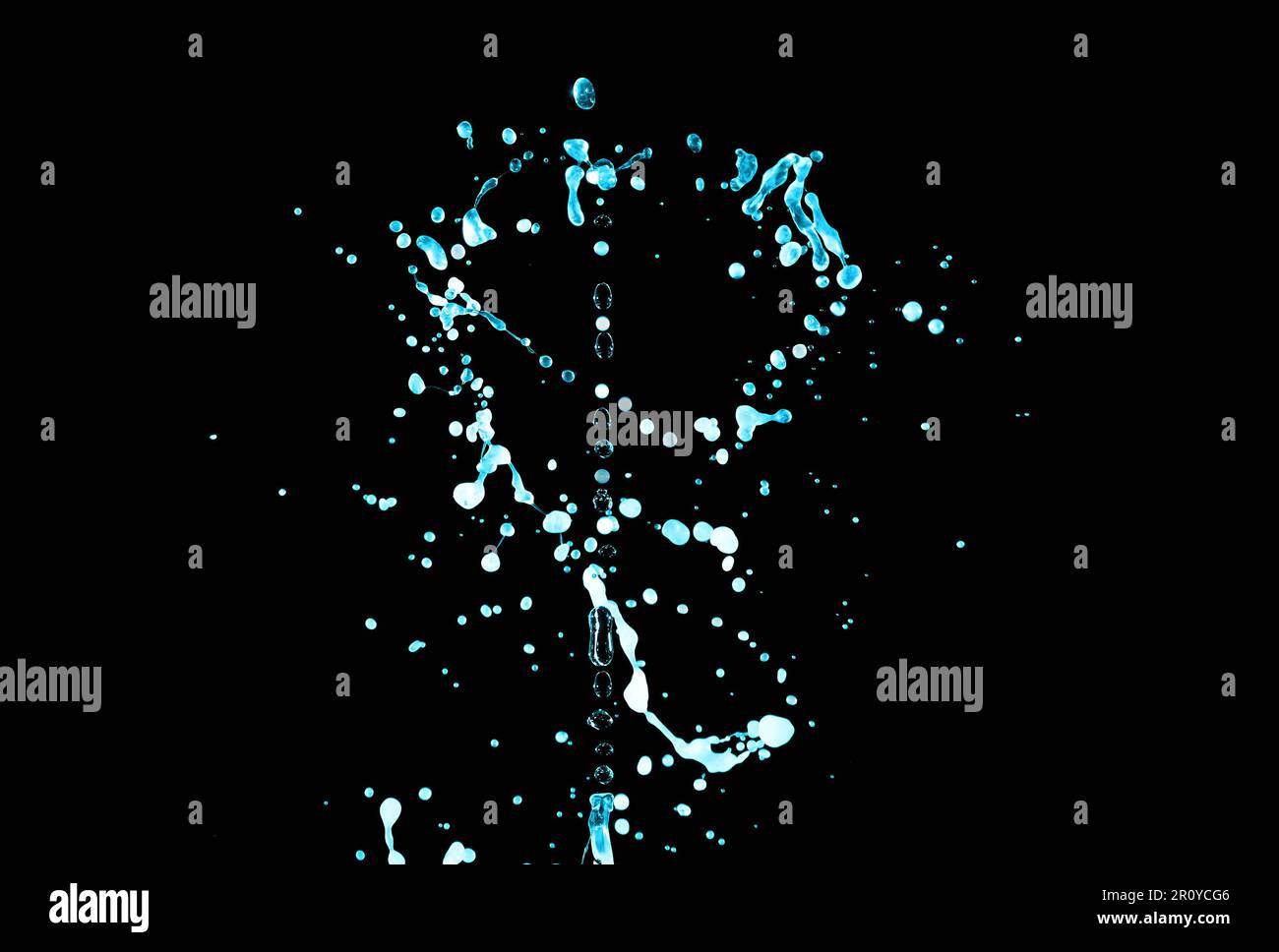 Falling drops of colored liquid, water splashes on a black background ...