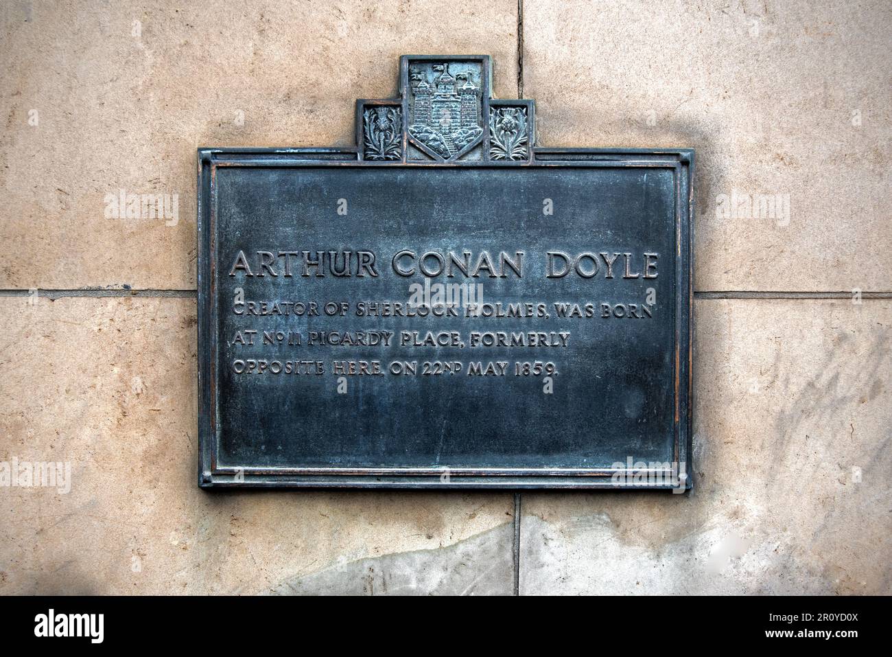 Plaque on the wall commerating the birthplace of Sir Arthur Conan Doyle ...