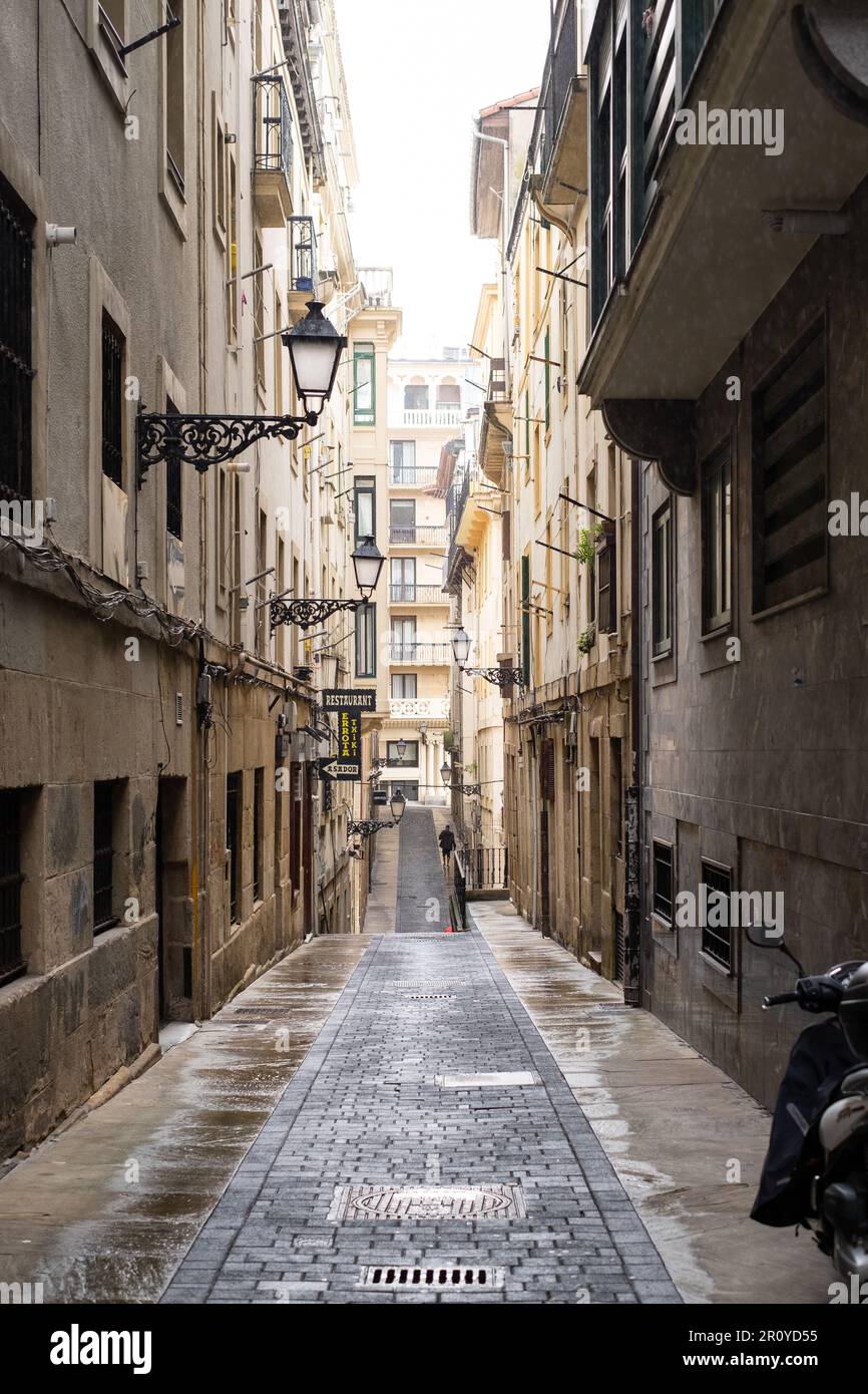 View along a street in Old Town, Donostia San Sebastian, Basque Country ...