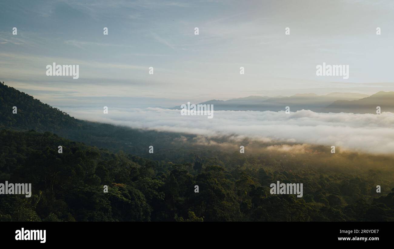 Sea clouds during golden sunrise above the Titiwangsa range mountains ...