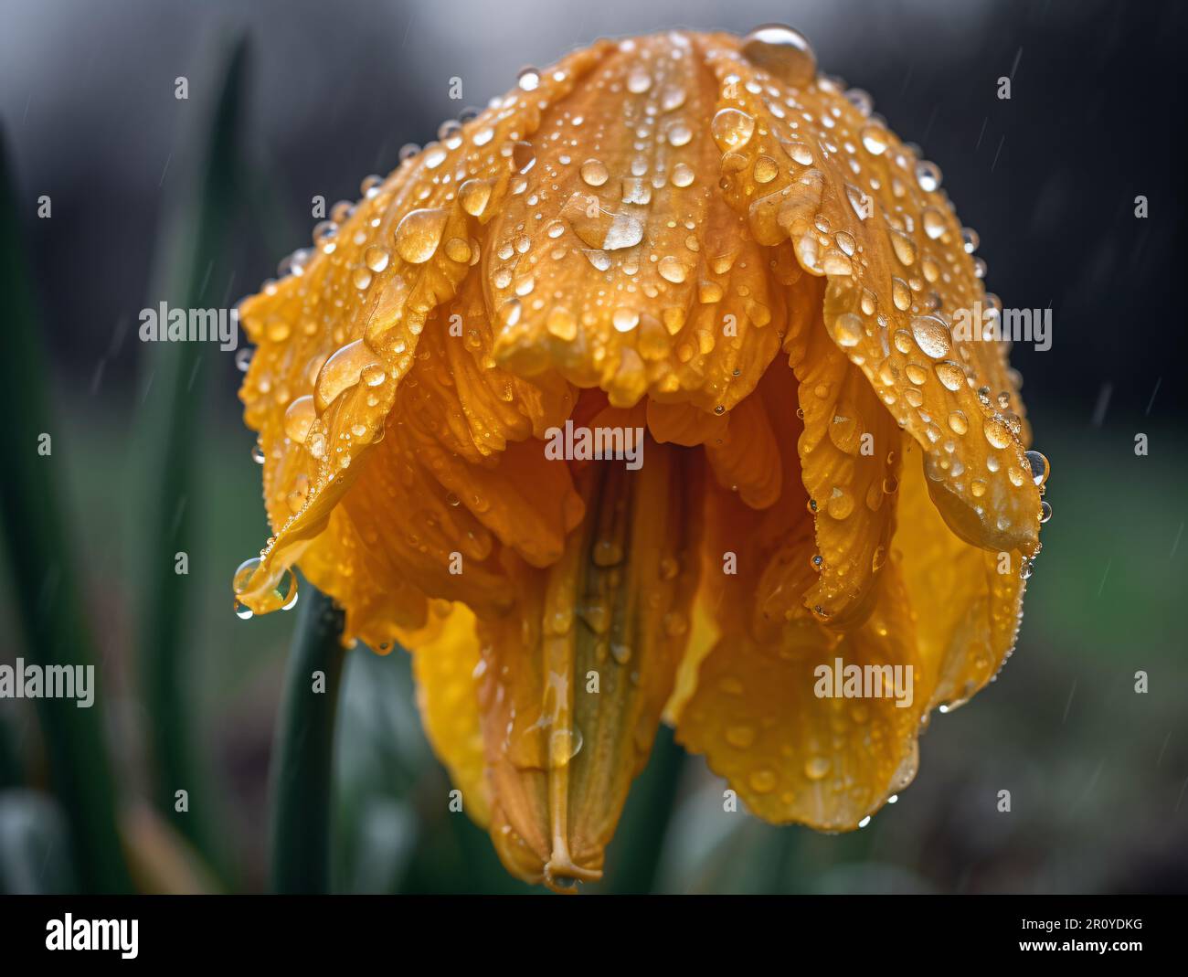 Macro photo of yellow daffodil with dew drops, shallow depth of field ...