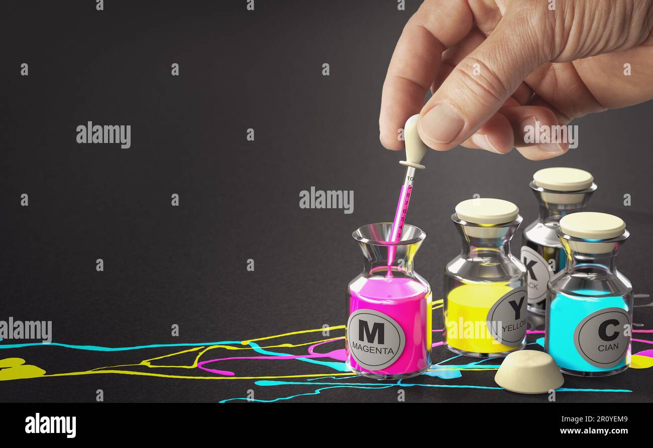 Hand manipulating colors over black background. Substractive colors ...