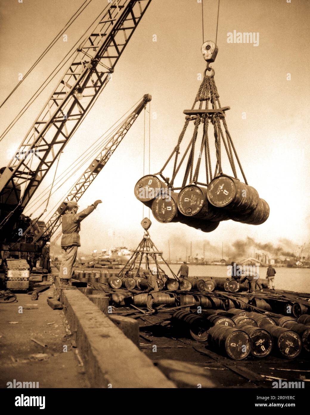 A view of the U.N. fuel dump at Inchon Harbor, Korea. Hundreds of fuel ...