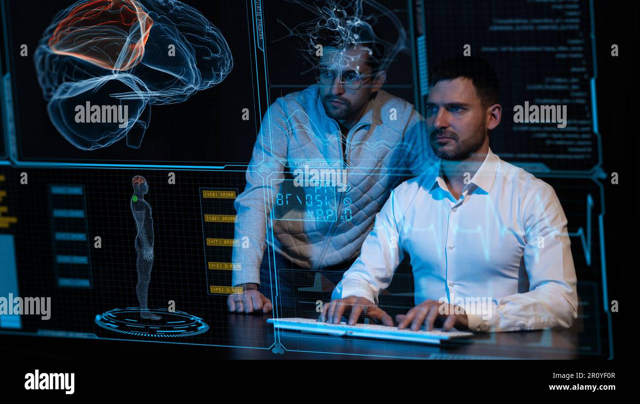 Two Caucasian bearded men are discussing medical screen of a virtual ...