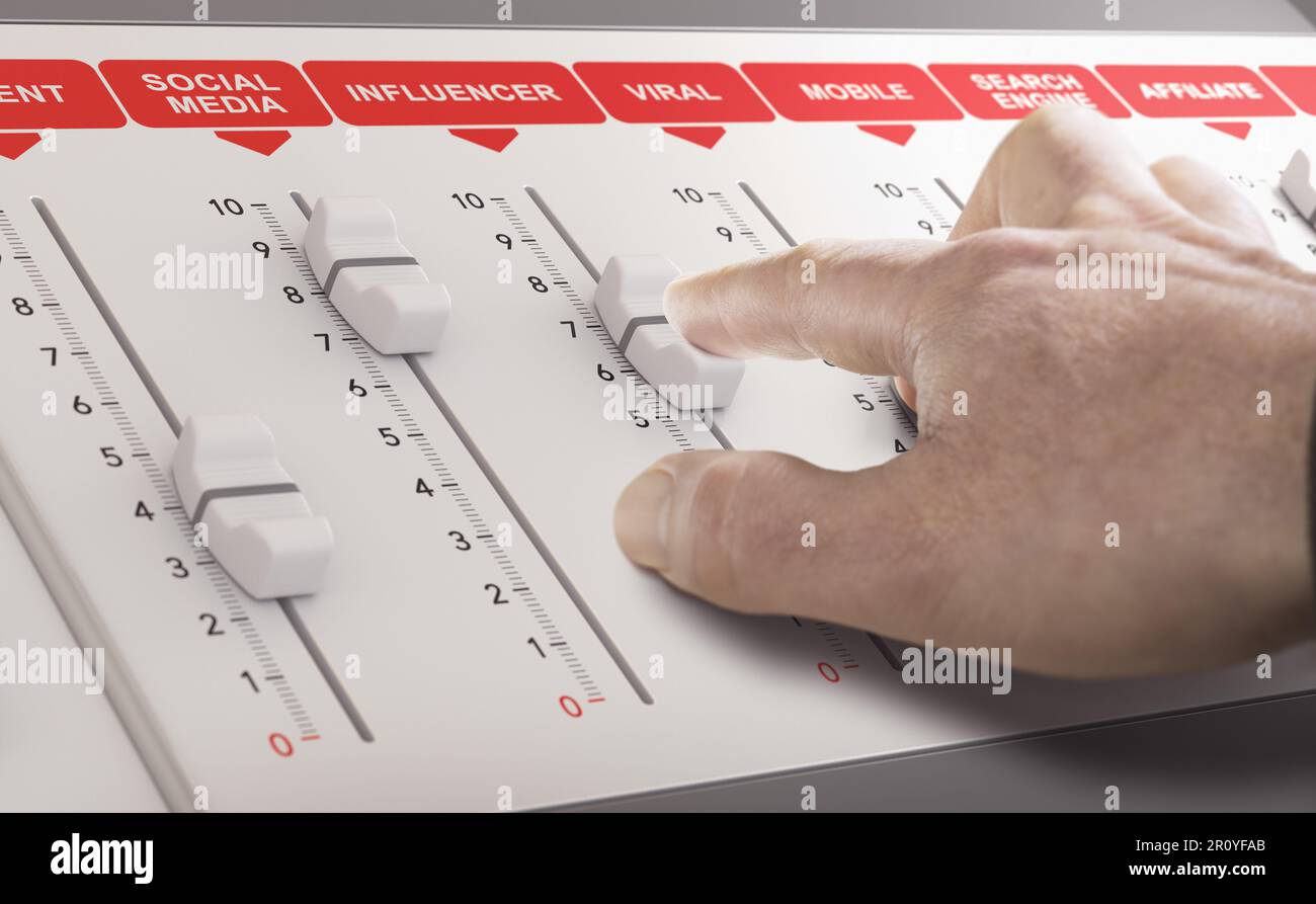 Hand moving a slider to control an advertising campaign. Marketing ...