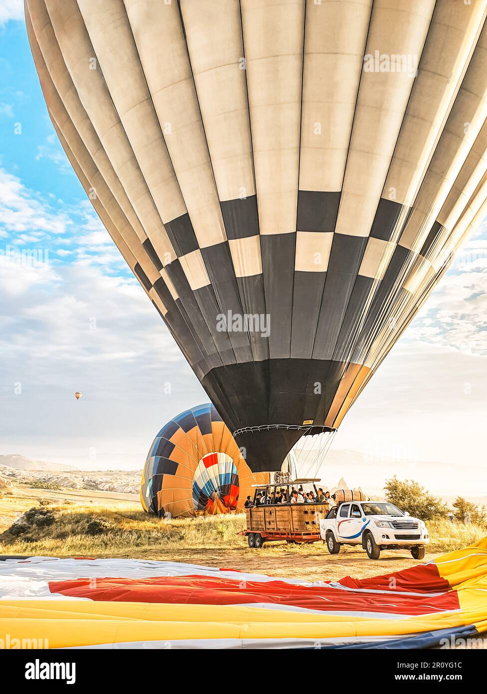 Flying in sky many bright colored beautiful balloons into air in ...