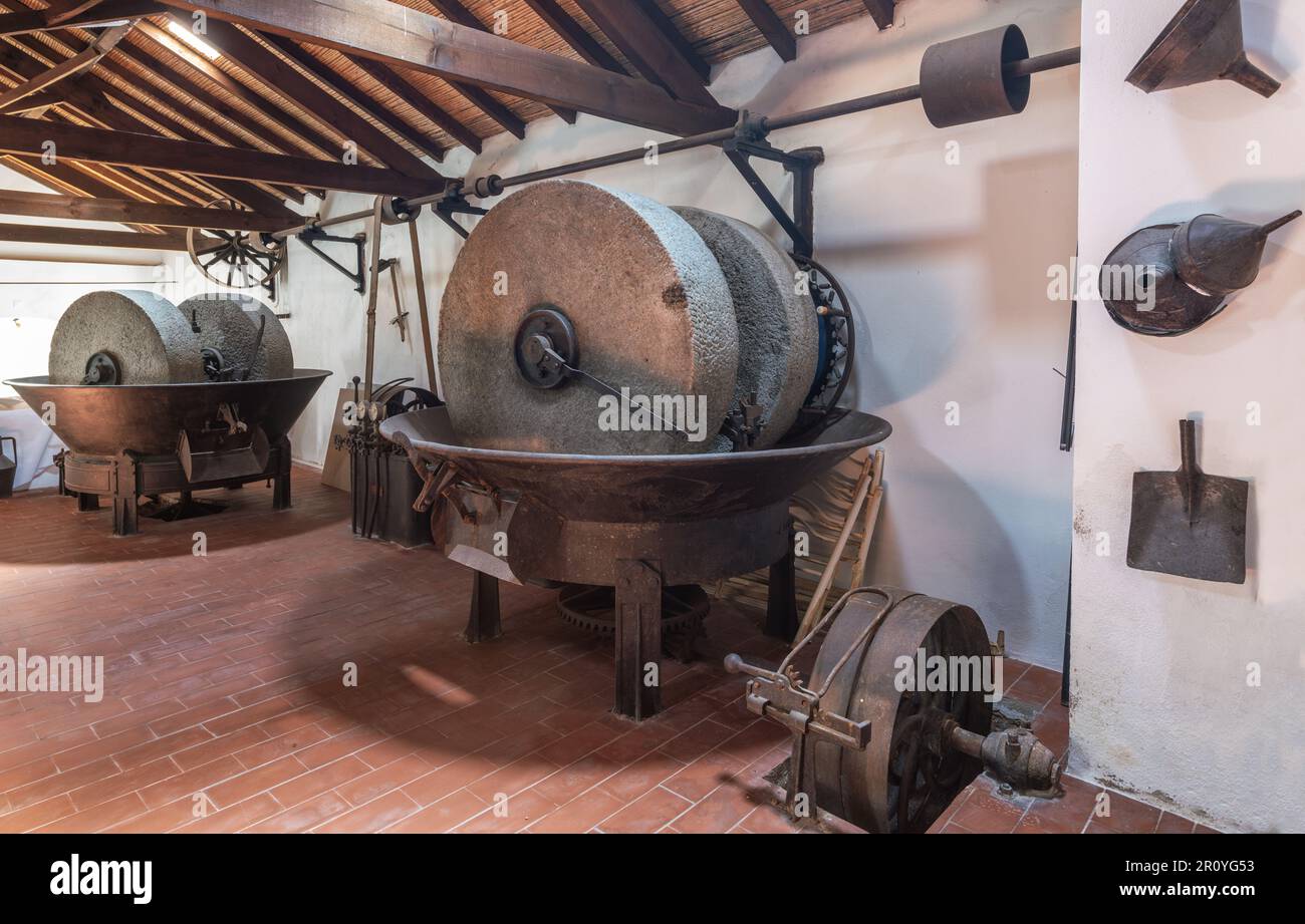 Olive oil press is installed in premises of ancient equipment for ...